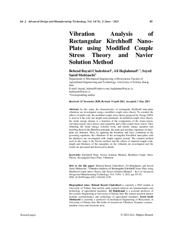 Pdf Vibration Analysis Of Rectangular Kirchhoff Nano Plate Using Modified Couple Stress Theory