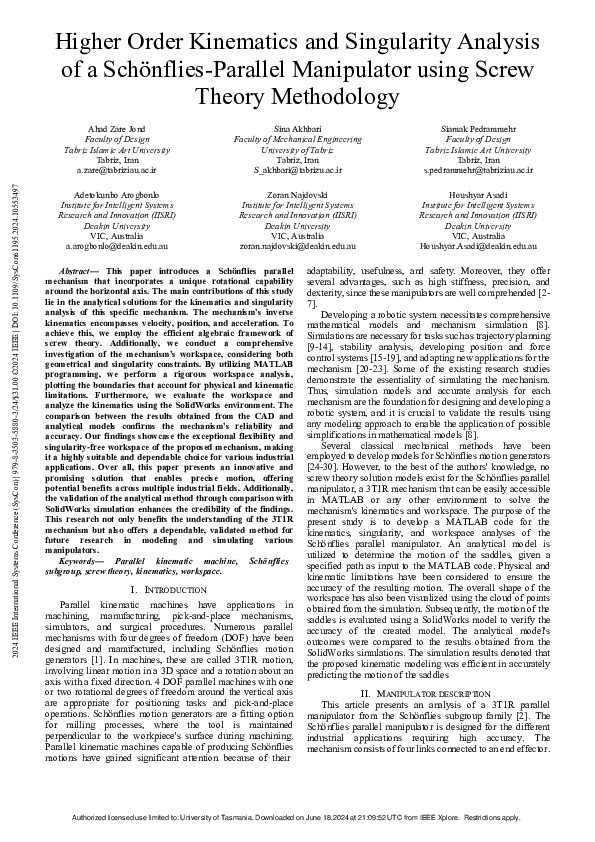 (PDF) Higher Order Kinematics and Singularity Analysis of a Schönflies-Parallel Manipulator ...