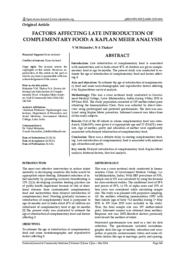 (PDF) FACTORS AFFECTING LATE INTRODUCTION OF COMPLEMENTARY FOOD: A KAPLAN MEIER ANALYSIS