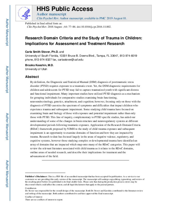 (PDF) Research domain criteria and the study of trauma in children: Implications for assessment ...