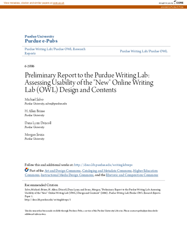 (PDF) Preliminary Report to the Purdue Writing Lab: Assessing Usability ...
