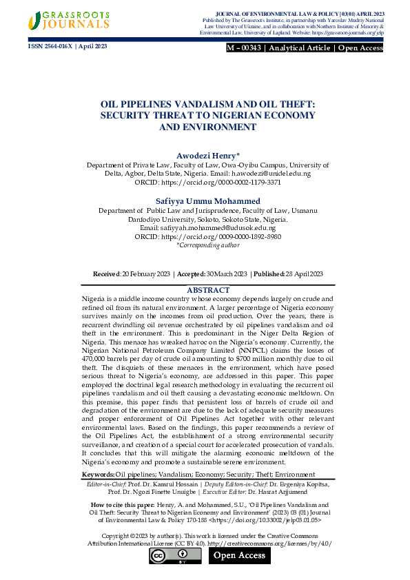 (PDF) OIL PIPELINES VANDALISM AND OIL THEFT: SECURITY THREAT TO ...