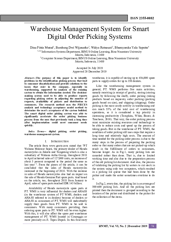 (PDF) Warehouse Management System for Smart Digital Order Picking Systems