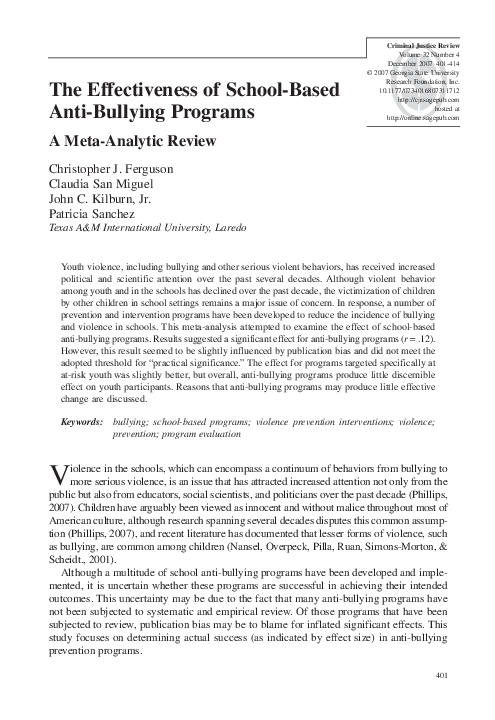 (PDF) The Effectiveness of School-Based Anti-Bullying Programs