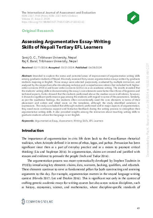 (PDF) Assessing Argumentative Essay-Writing Skills of Nepali Tertiary ...