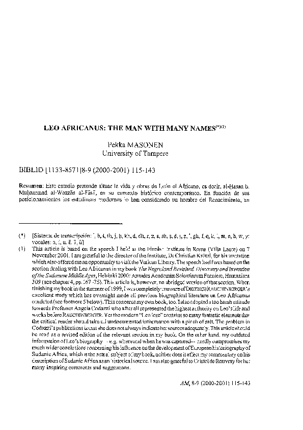 (PDF) Leo Africanus: The Man with Many Names