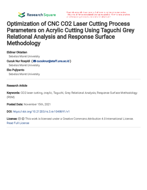 Pdf Optimization Of Cnc Co2 Laser Cutting Process Parameters On