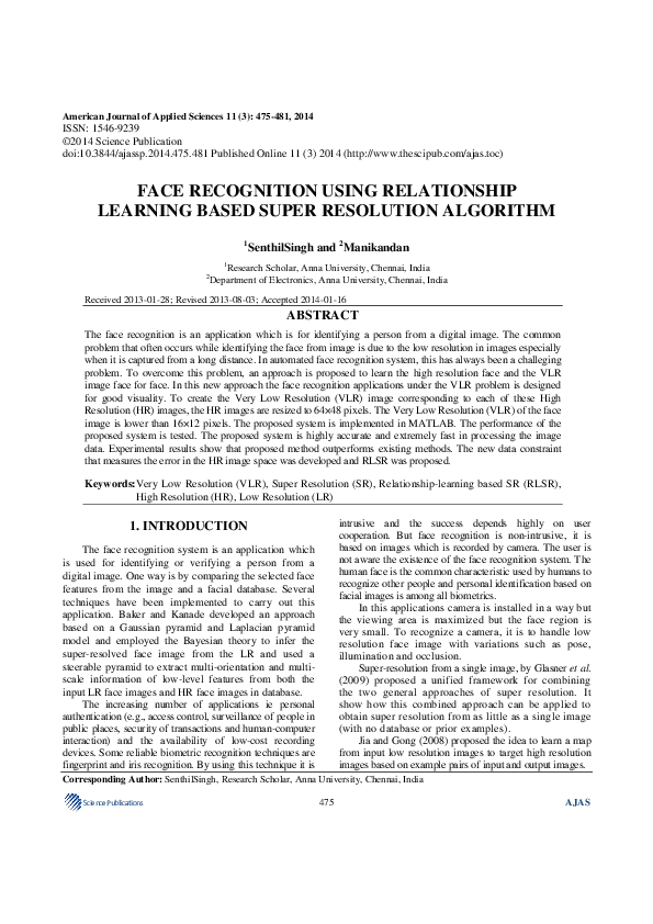 (PDF) Face Recognition Using Relationship Learning Based Super ... (PDF) Face Recognition Using Relationship Learning Based Super ...