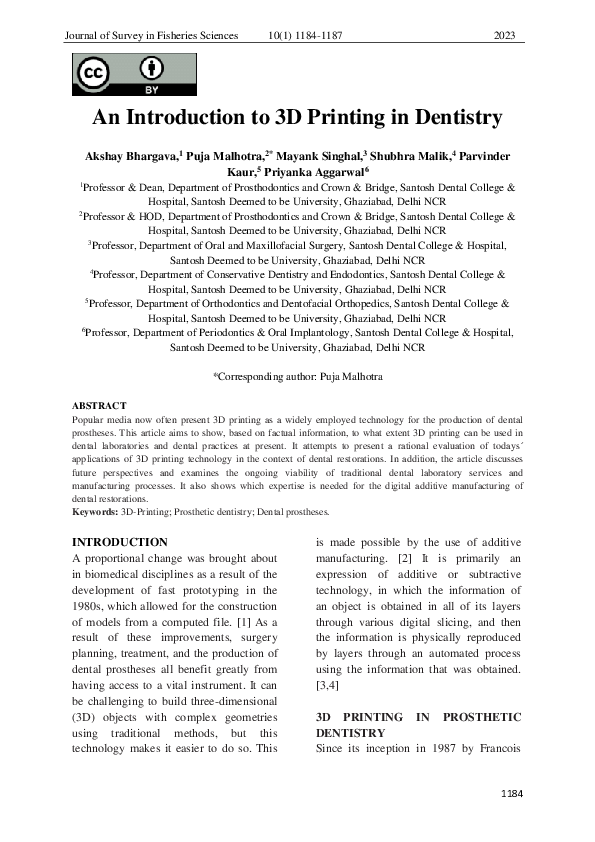 (PDF) An Introduction to 3D Printing in Dentistry