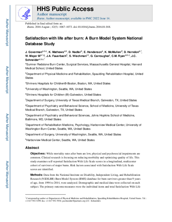 (PDF) Satisfaction with life after burn: A Burn Model System National ...