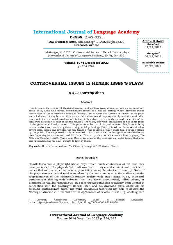 (PDF) CONTROVERSIAL ISSUES IN HENRIK IBSEN’S PLAYS