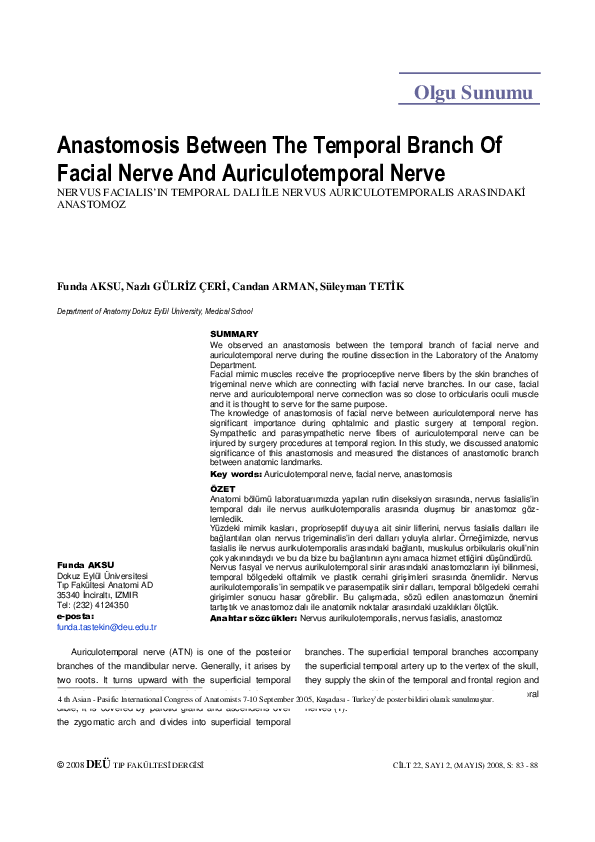 (PDF) Anastomosis between the temporal branch of facial nerve and ...
