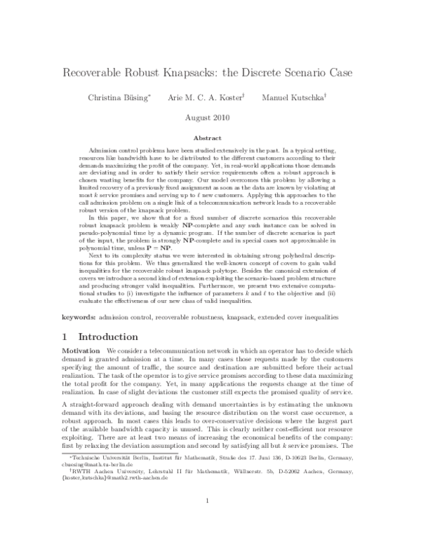 (PDF) Recoverable robust knapsacks: the discrete scenario case