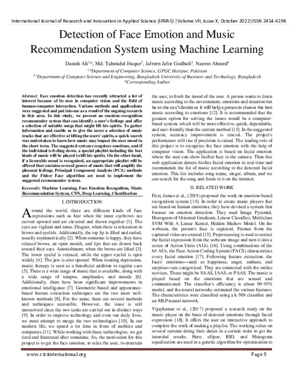 Pdf Detection Of Face Emotion And Music Recommendation System Using Machine Learning