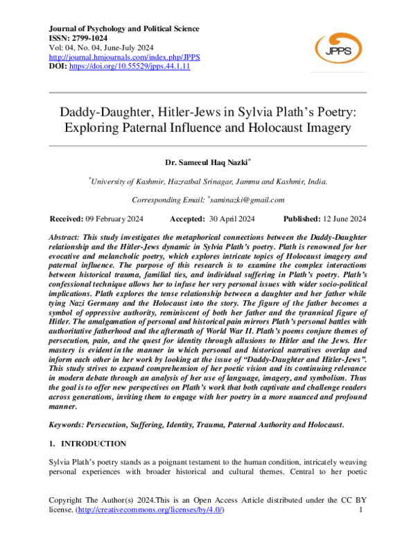 (PDF) Daddy-Daughter, Hitler-Jews in Sylvia Plath's Poetry: Exploring ...