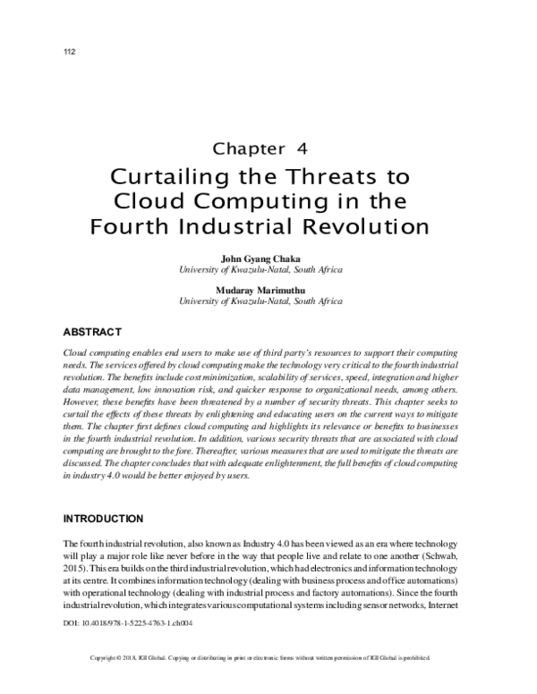 (PDF) Curtailing the Threats to Cloud Computing in the Fourth Industrial Revolution