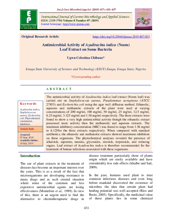 (PDF) Antimicrobial Activity of Azadirachta indica (Neem) Leaf Extract on Some Bacteria
