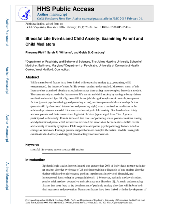 (PDF) Stressful Life Events and Child Anxiety: Examining Parent and ...