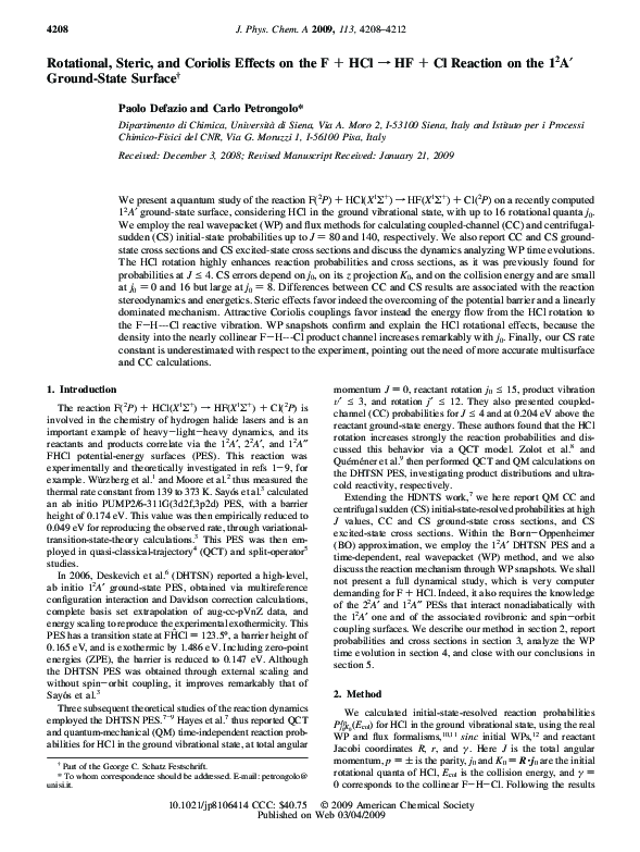 (PDF) Rotational, steric, and coriolis effects on the F + HCl --> HF ...