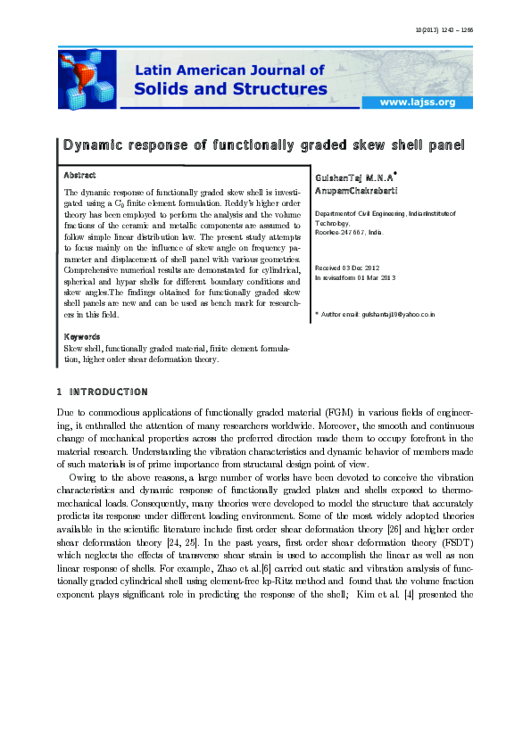 (PDF) Dynamic response of functionally graded skew shell panel | Anupam Chakrabarti - Academia.edu