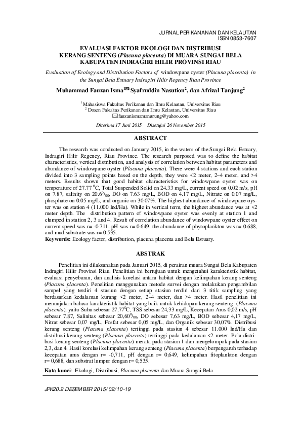 (PDF) EVALUASI FAKTOR EKOLOGI DAN DISTRIBUSI KERANG SENTENG (Placuna ...