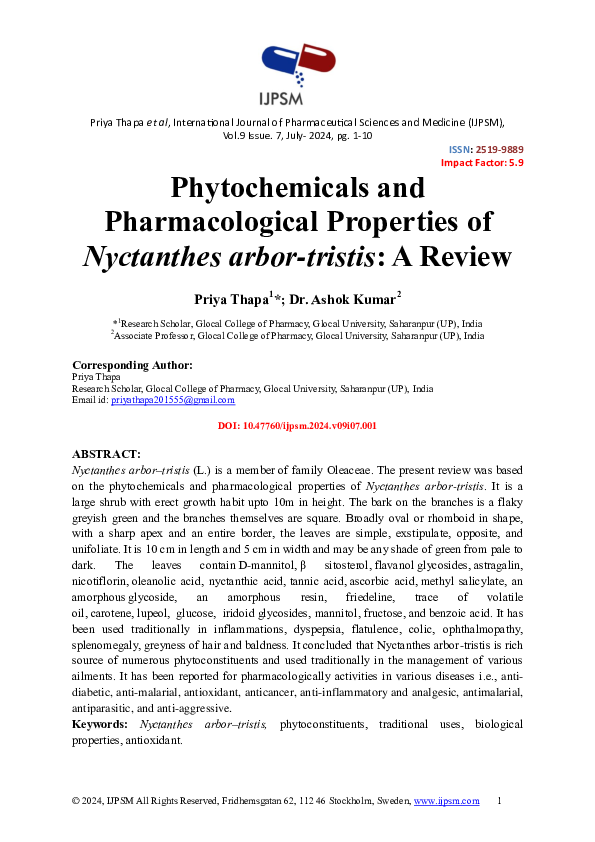 (PDF) Phytochemicals and Pharmacological Properties of Nyctanthes arbor-tristis: A Review