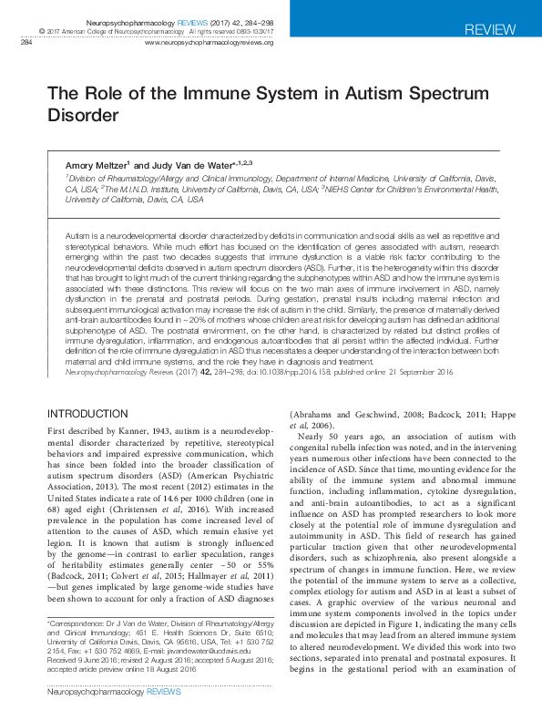 (PDF) The Role of the Immune System in Autism Spectrum Disorder