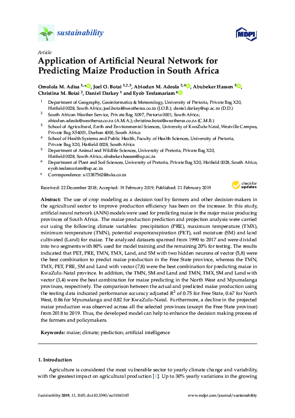 (PDF) Application of Artificial Neural Network for Predicting Maize Production in South Africa