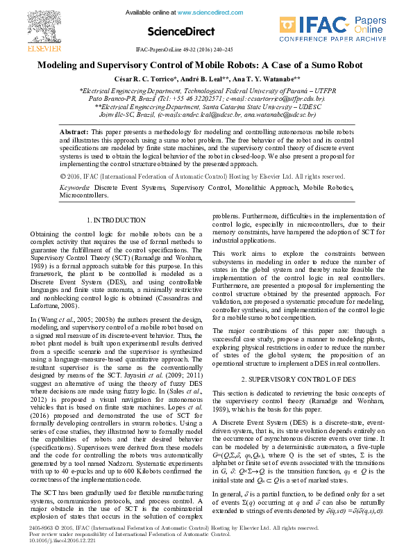 (PDF) Modeling and Supervisory Control of Mobile Robots: A Case of a Sumo Robot