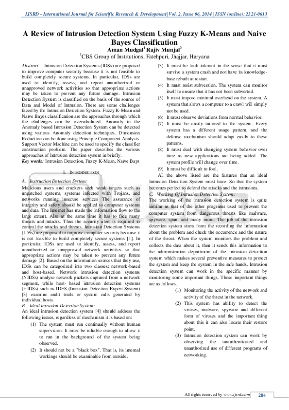 Pdf A Review Of Intrusion Detection System Using Fuzzy K Means And