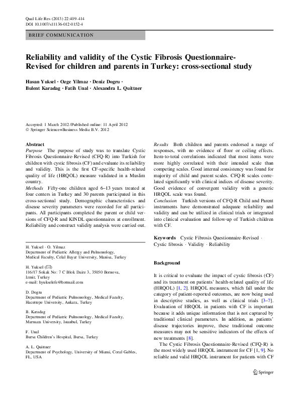 (PDF) Reliability and validity of the Cystic Fibrosis Questionnaire ...