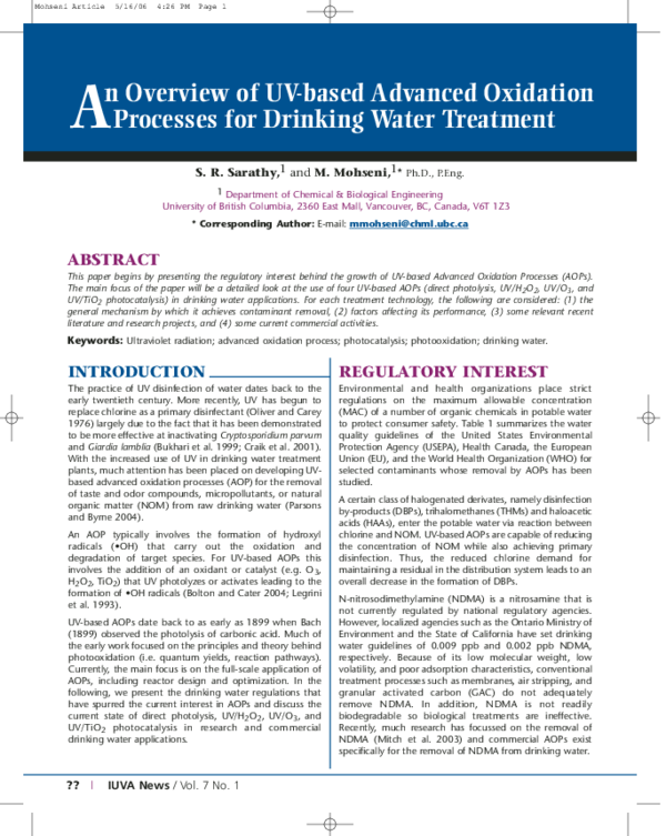 (PDF) An overview of UV-based advanced oxidation processes for drinking ...