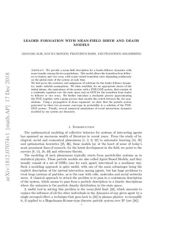 (PDF) Leader formation with mean-field birth and death models