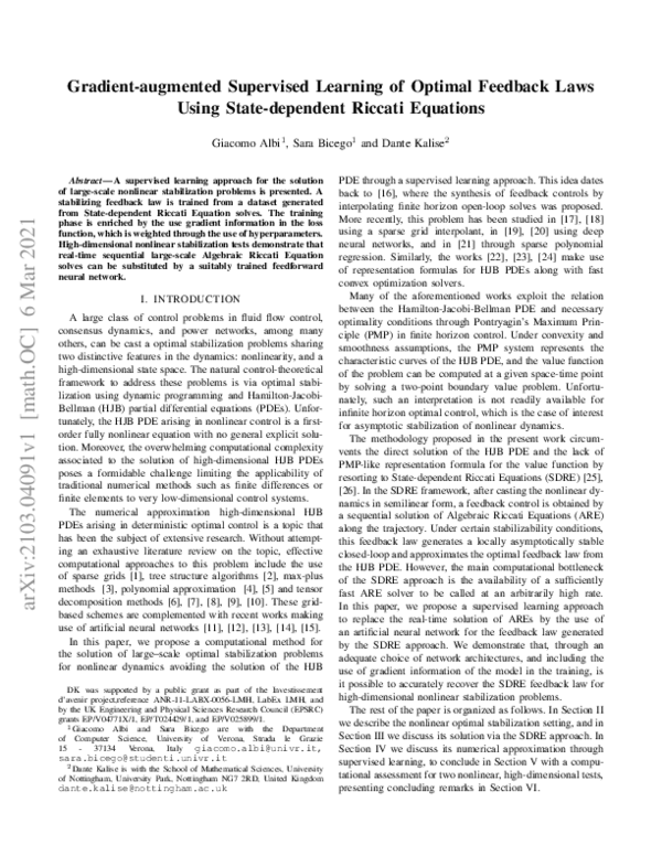 (PDF) Gradient-augmented Supervised Learning of Optimal Feedback Laws Using State-Dependent ...