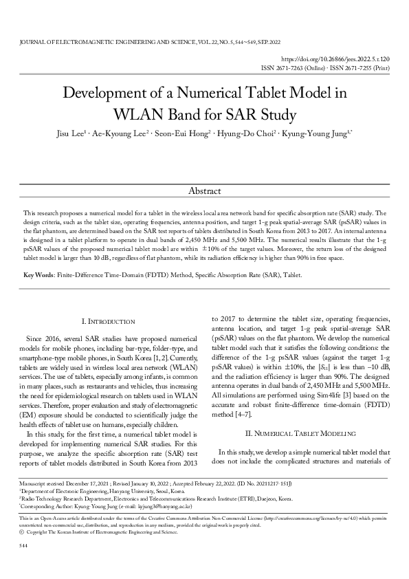 (PDF) Development of a Numerical Tablet Model in WLAN Band for SAR ...