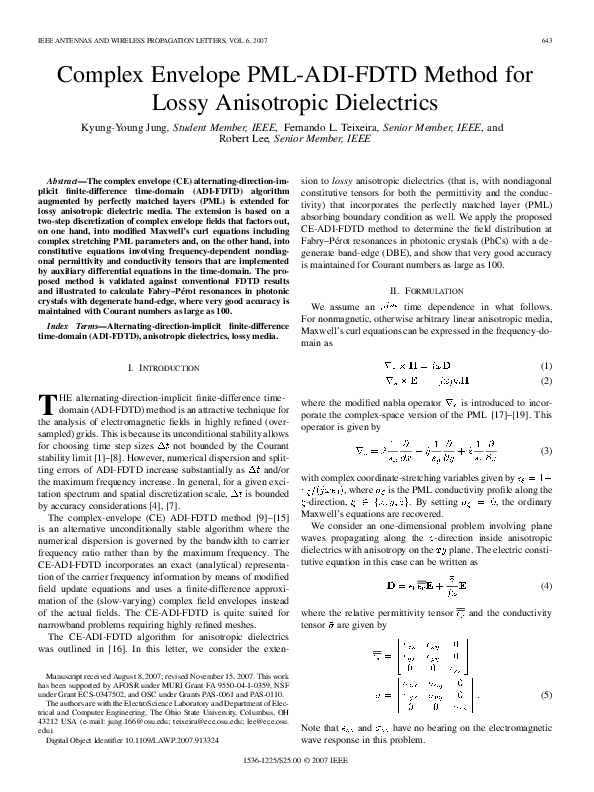 (PDF) Complex Envelope PML-ADI-FDTD Method for Lossy Anisotropic ...