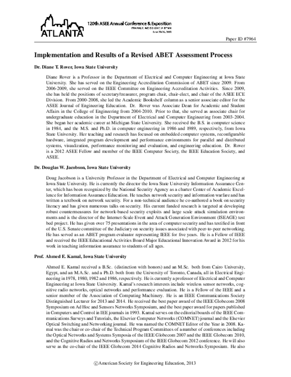(PDF) Implementation and Results of a Revised ABET Assessment Process | Doug Jacobson - Academia.edu