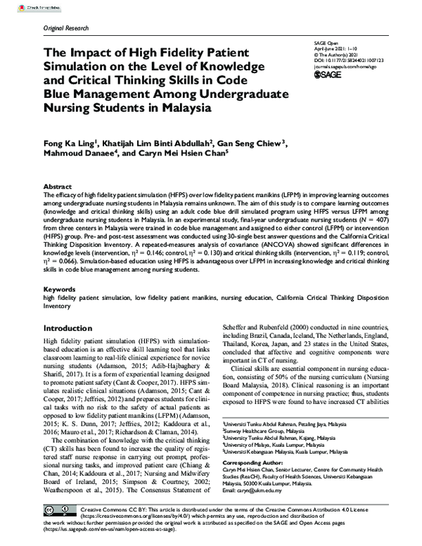 (PDF) The Impact of High Fidelity Patient Simulation on the Level of Knowledge and Critical ...
