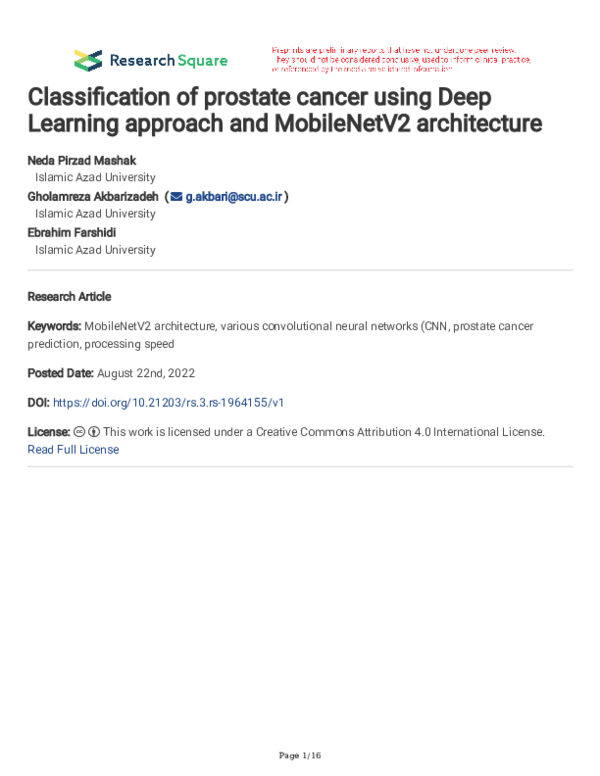 (PDF) Classification of prostate cancer using Deep Learning approach and MobileNetV2 architecture
