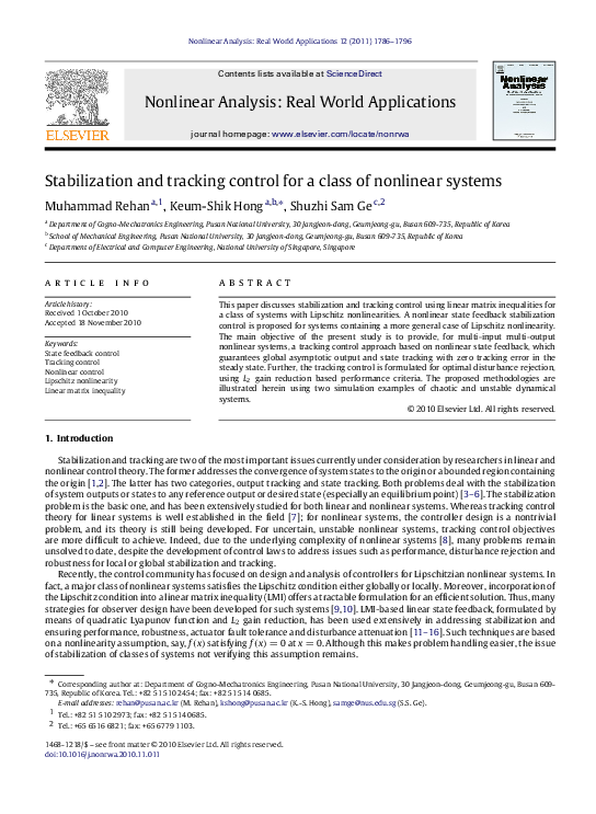 (PDF) Stabilization and tracking control for a class of nonlinear systems | M Rehan - Academia.edu
