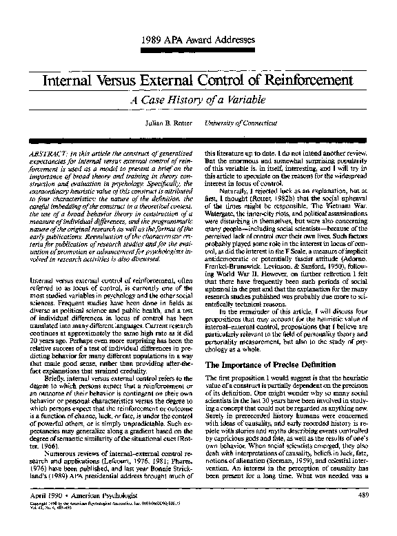 (PDF) Internal versus external control of reinforcement: A case history of a variable