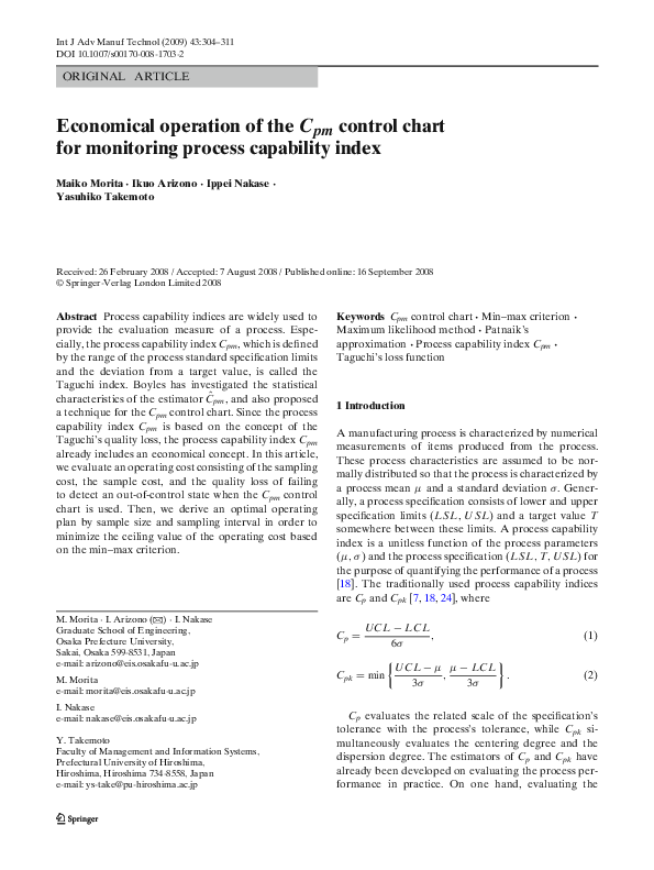 Pdf Economical Operation Of The C Pm Control Chart For Monitoring Process Capability Index