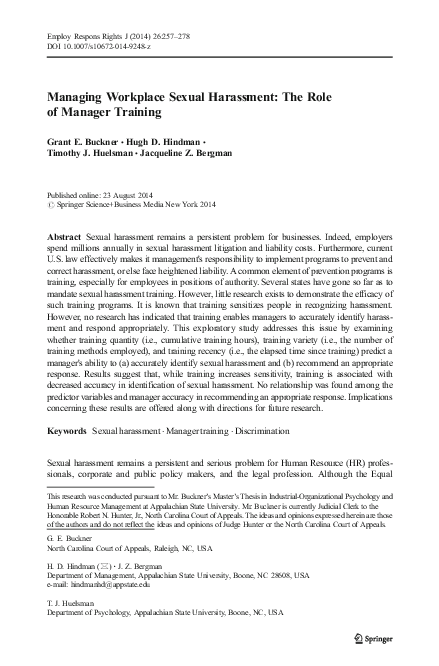 (PDF) Managing Workplace Sexual Harassment: The Role of Manager Training