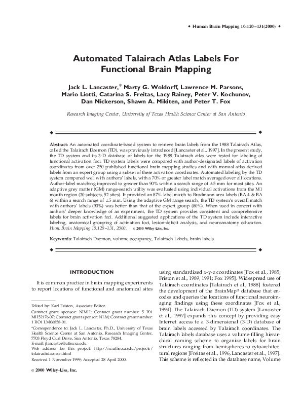 (PDF) Automated Talairach Atlas labels for functional brain mapping | Shawn Mikiten - Academia.edu