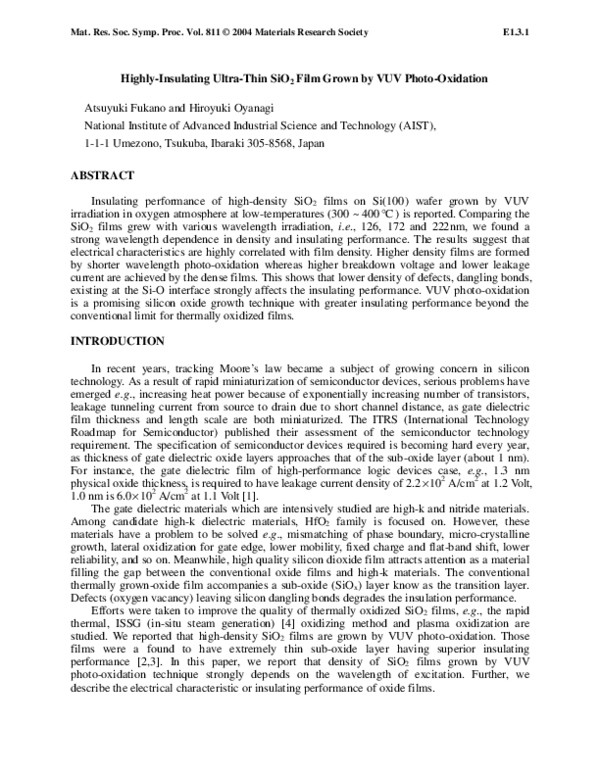 (PDF) Highly insulating ultrathin SiO2 film grown by photooxidation