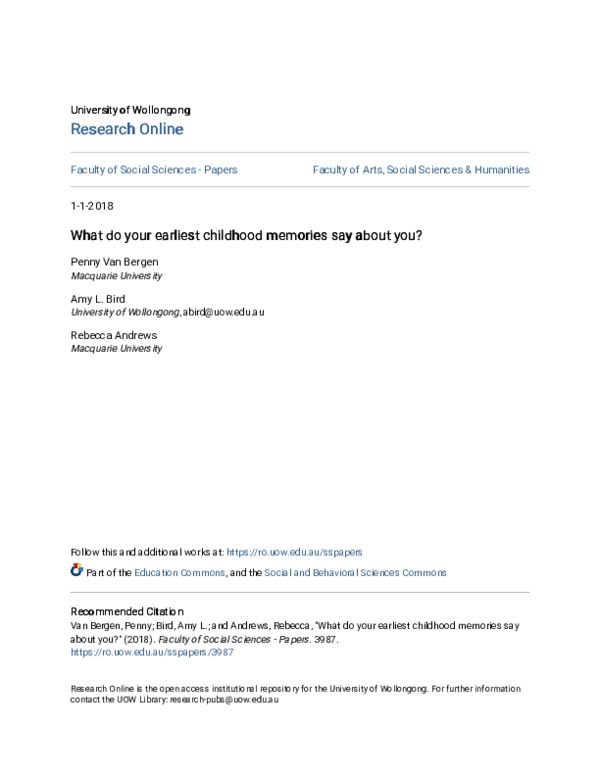 (PDF) What do your earliest childhood memories say about you (PDF) What do your earliest childhood memories say about you