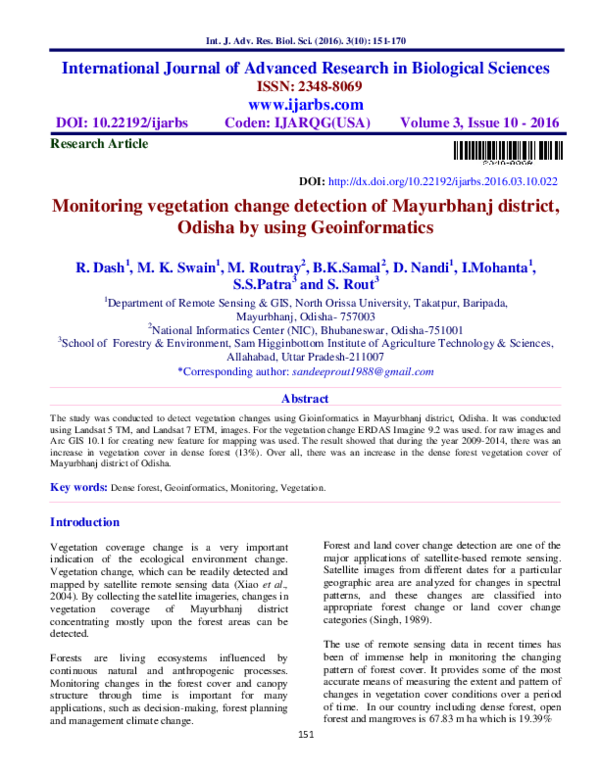 (PDF) Monitoring vegetation change detection of Mayurbhanj district, Odisha by using ...