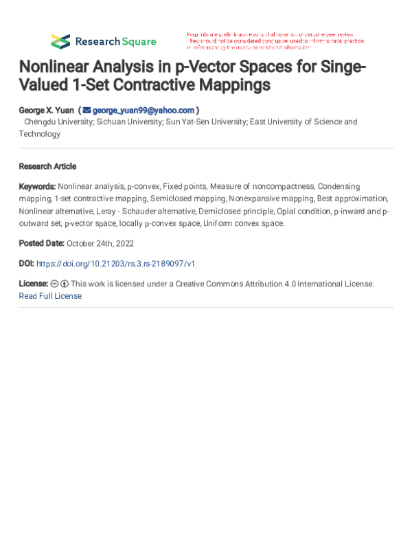Pdf Nonlinear Analysis In P Vector Spaces For Singe Valued 1 Set Contractive Mappings George