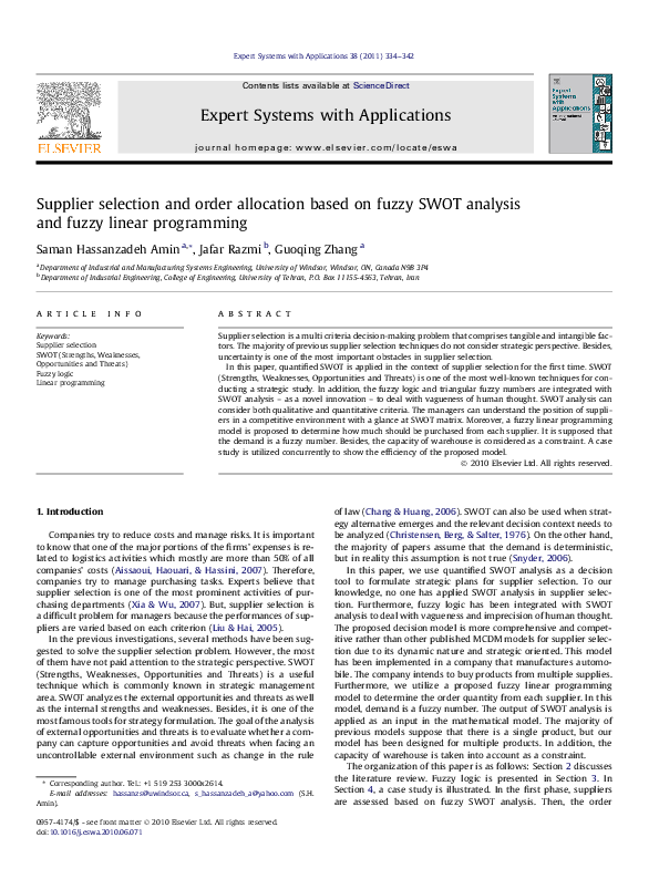 Pdf Supplier Selection And Order Allocation Based On Fuzzy Swot