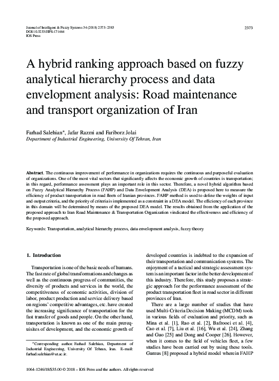 Pdf Hybrid Fahp And Dea For Evaluating Road Transport In Iran 